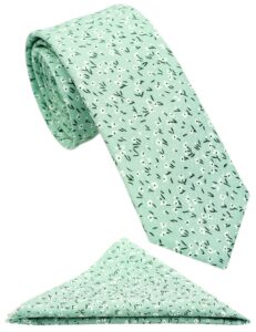 zenxus mens cotton skinny floral light sage tie combo set with pocket square