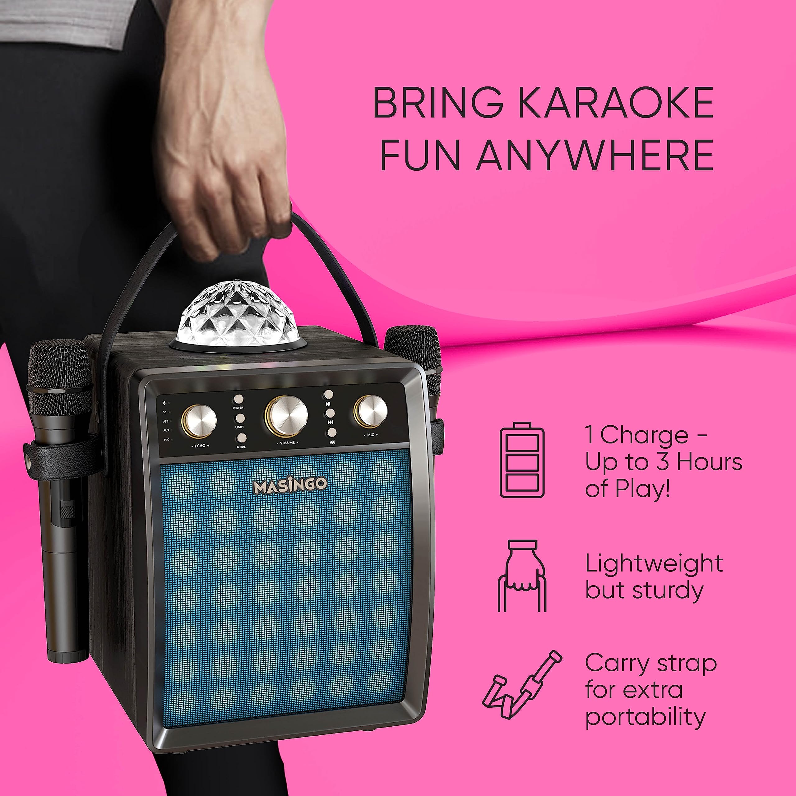 MASINGO Karaoke Machine for Adults and Kids with 2 Wireless Microphones, Portable Singing PA Speaker System Set with 2 Bluetooth Mics, Disco Ball Party Lights & TV Cable, Ostinato M7