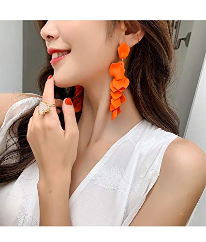 Dangle Acrylic Petal Earrings Long Drop Statement Fashion Rose Flower Earrings Hanging Resin Floral Tassel Earrings for Women- orange