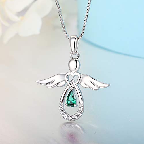 FJ Guardian Angel Necklace 925 Sterling Silver Angel Pendant Emerald Necklace May Birthstone Jewelry Gifts for Women