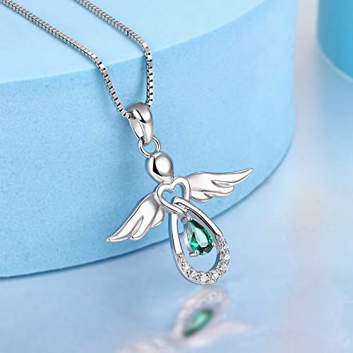 FJ Guardian Angel Necklace 925 Sterling Silver Angel Pendant Emerald Necklace May Birthstone Jewelry Gifts for Women