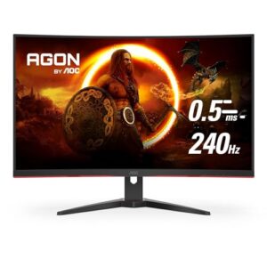 aoc c32g2ze 32" curved frameless gaming monitor, full hd 1920x1080, va, 0.5ms 240hz, amd freesync premium, dp/hdmi/vga, vesa, 3-3-1 re-spawn program, xbox ps5 switch,black