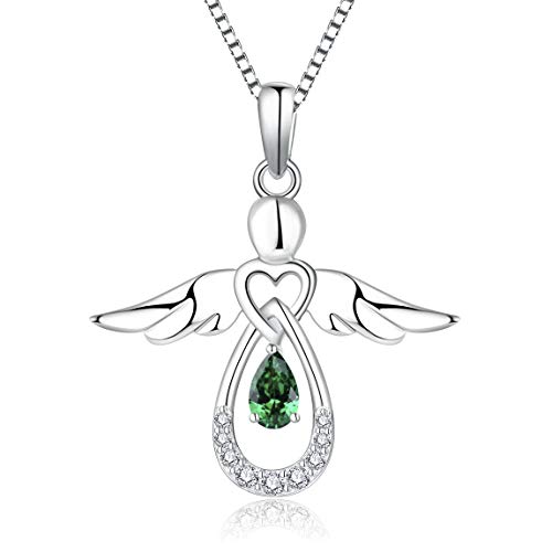 FJ Guardian Angel Necklace 925 Sterling Silver Angel Pendant Emerald Necklace May Birthstone Jewelry Gifts for Women