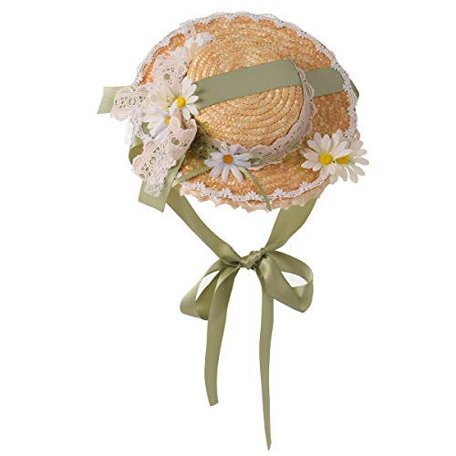 COSDREAMER Girls Women Tea Party Sun Hat Lace Ribbons Straw Hats (Light green)