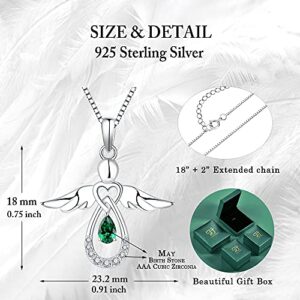 FJ Guardian Angel Necklace 925 Sterling Silver Angel Pendant Emerald Necklace May Birthstone Jewelry Gifts for Women