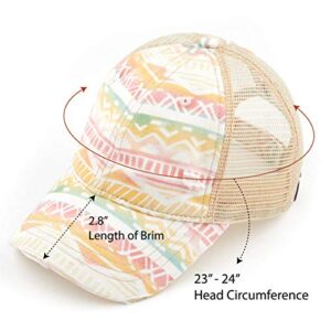 C.C Washed Distressed Cotton Denim Ponytail Hat Adjustable Baseball Cap (BT-929) (A Aztec Patten/Ivory)