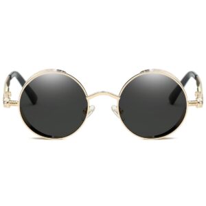 Dollger Sunglasses Unisex Vintage Steampunk Gothic Retro Metal Round Circle Frame Sunglasses 2 pairs Pack Black Frame and Gold Frame