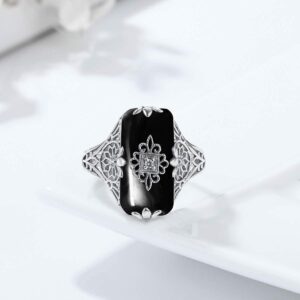 SZJINAO Women Sterling Silver Ring Black Gemstone Simulated Agate Onyx Vintage Engagement Ring Jewelry Gift (Black, 7)