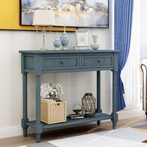 merax narrow console sofa table with drawers and long shelf for living room, entryway/hallway, retro navy