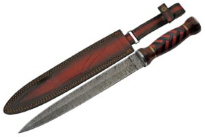 szco supplies 18.5" red/black braided wood handle damascus steel spear-point hunter's knife