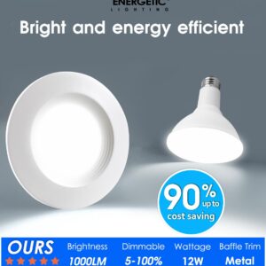 Energetic 5/6 Inch LED Recessed Lighting, 1000LM, 5000K Daylight Downlight, 12W=150W, Dimmable LED Can Light, Simple Retrofit Installation, IC & Wet Rated, FCC & ETL Listed, 12 Pack