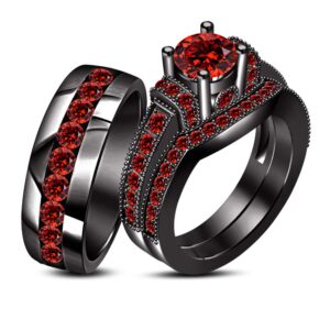 2 ct his & hers round cut red garnet wedding band engagement ring trio set 14k black gold over sterling silver