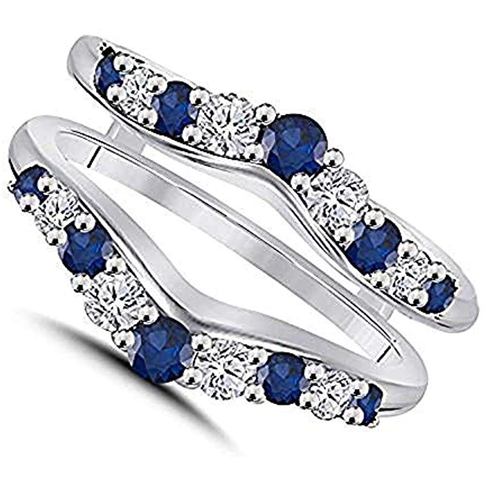 Intershine Round Cut White & Blue Diamond 925 Sterling Silver 14K White Gold Fn Diamond Solitaire Enhancer Guard Wrap Ring for Women's