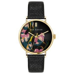 ted baker women's stainless steel quartz leather strap, 18 casual watch (model: bkpphs129), yellow gold/floral/black