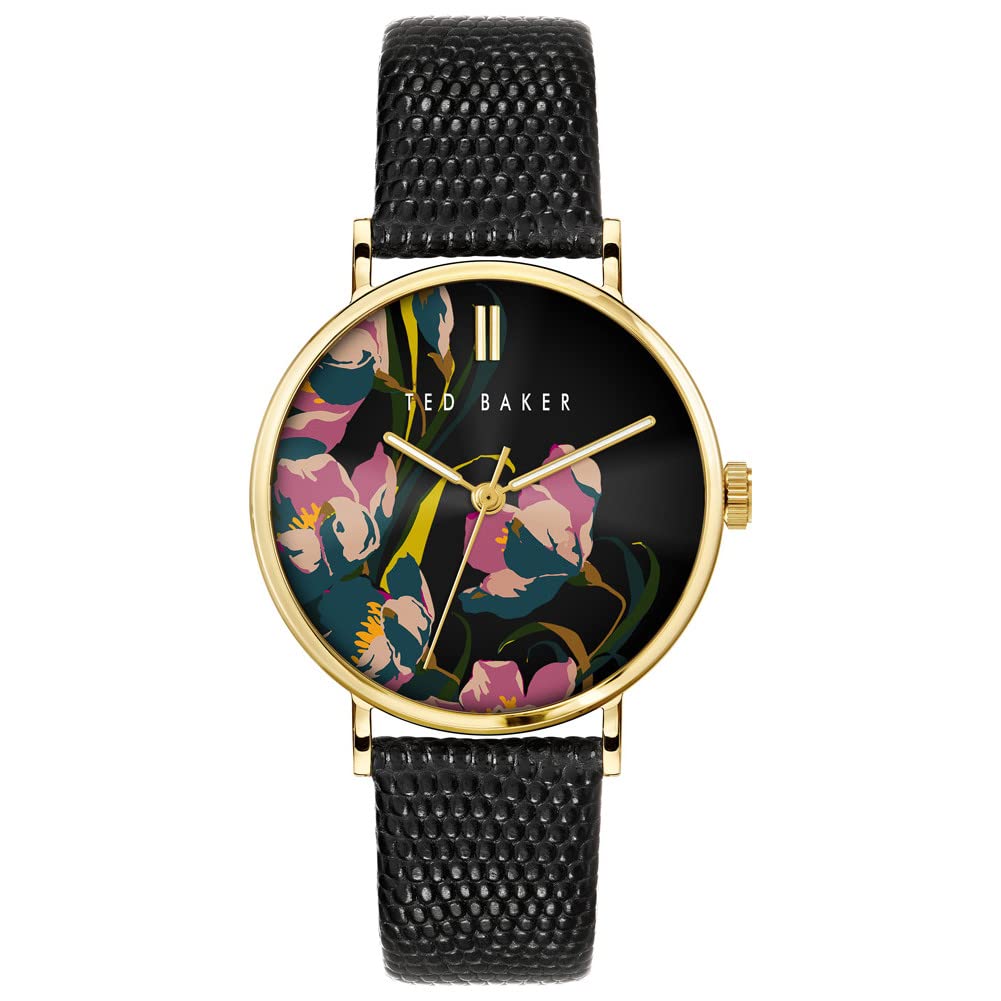 Ted Baker Women's Stainless Steel Quartz Leather Strap, 18 Casual Watch (Model: BKPPHS129), Yellow Gold/Floral/Black