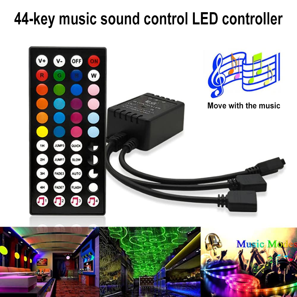 RTNLIT 2-Port Music RGB LED Controller with 40 Keys IR Remote for 5050 2835 3528 RGB LED Strip Lights, DC 12V-24V