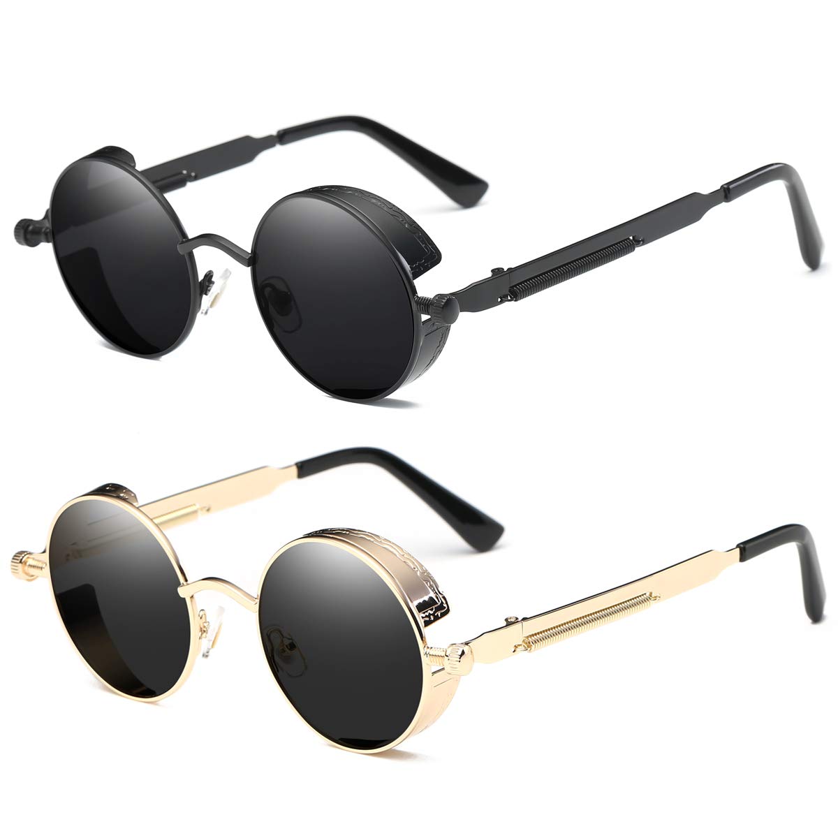 Dollger Sunglasses Unisex Vintage Steampunk Gothic Retro Metal Round Circle Frame Sunglasses 2 pairs Pack Black Frame and Gold Frame