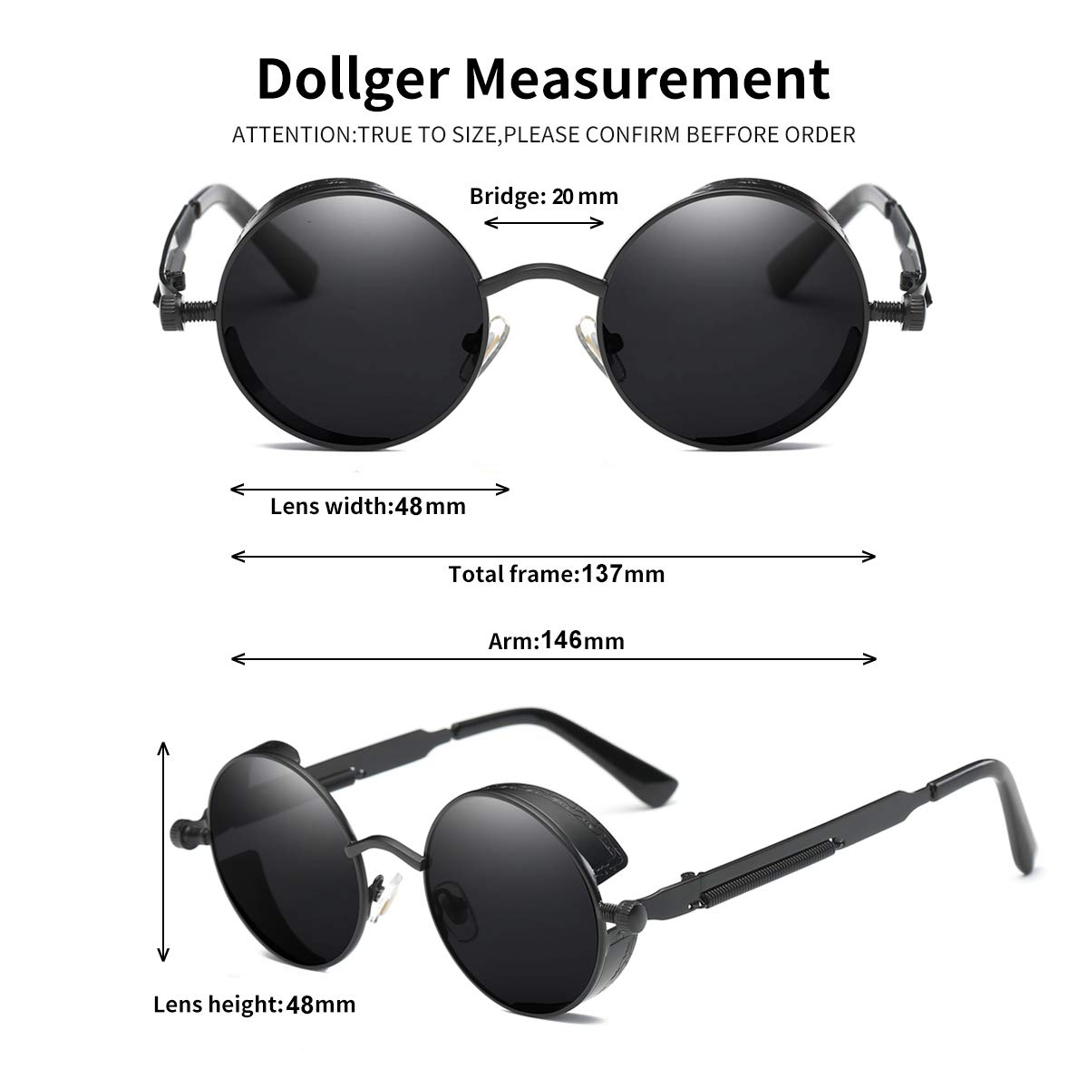 Dollger Sunglasses Unisex Vintage Steampunk Gothic Retro Metal Round Circle Frame Sunglasses 2 pairs Pack Black Frame and Gold Frame