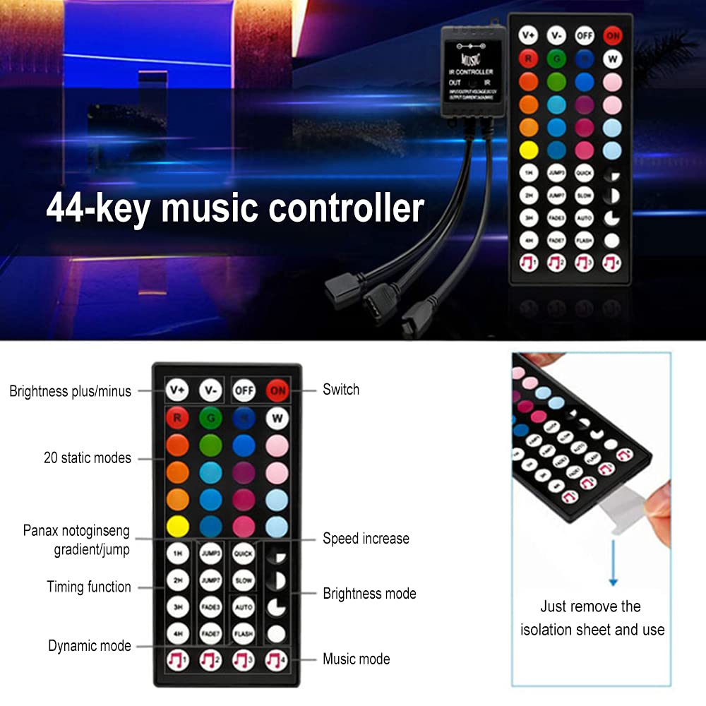 RTNLIT 2-Port Music RGB LED Controller with 40 Keys IR Remote for 5050 2835 3528 RGB LED Strip Lights, DC 12V-24V