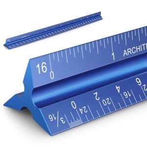 12" architectural scale ruler aluminum architect scale triangular scale ruler for architects, draftsman, students and engineers, blue