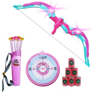 nwestun bow and arrow for kids with led flash lights - archery bow with 10 suction cups arrows, 6 foam targets, quiver and target, gifts for 4-12 year old girls, pink