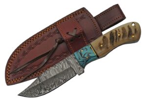 szco supplies 8.25" ram horn handle damascus steel turquoise hunting knife with leather sheath