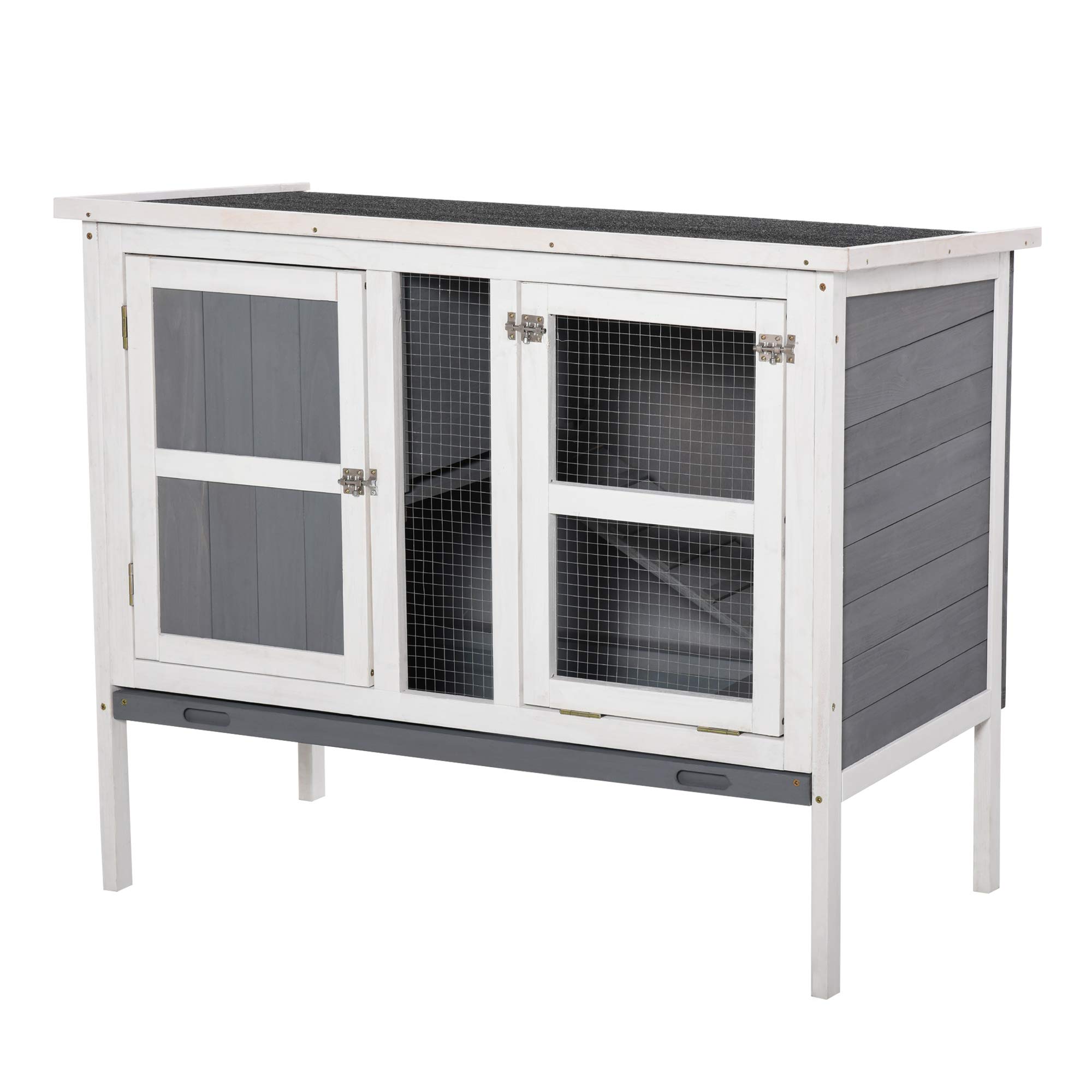 PawHut Rabbit Hutch Bunny Cage Small Animal Habitat with Ramp, Removable Tray and Openable Top, Inddor/Outdoor, Grey