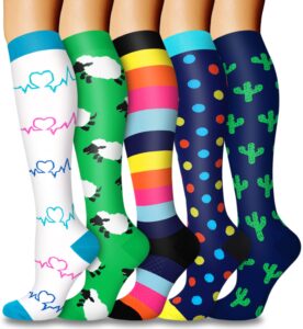 cthh 5 pairs compression socks for women & men circulation support knee high socks (01 green/white/blue/sheep, small-medium)