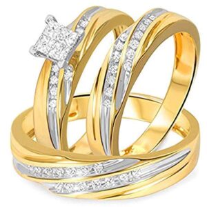 v touch princess d/vvs1 diamond 14k two-tone gold plated 925 sterling silver bridal wedding trio ring set for him & her