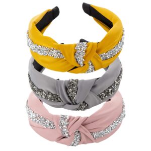 kalyn 3pcs fashion rhinestone diamond headbands,satin knot headbands hair bands glitter hairband for women girls hair accessories(yellow, pink, gray colors)