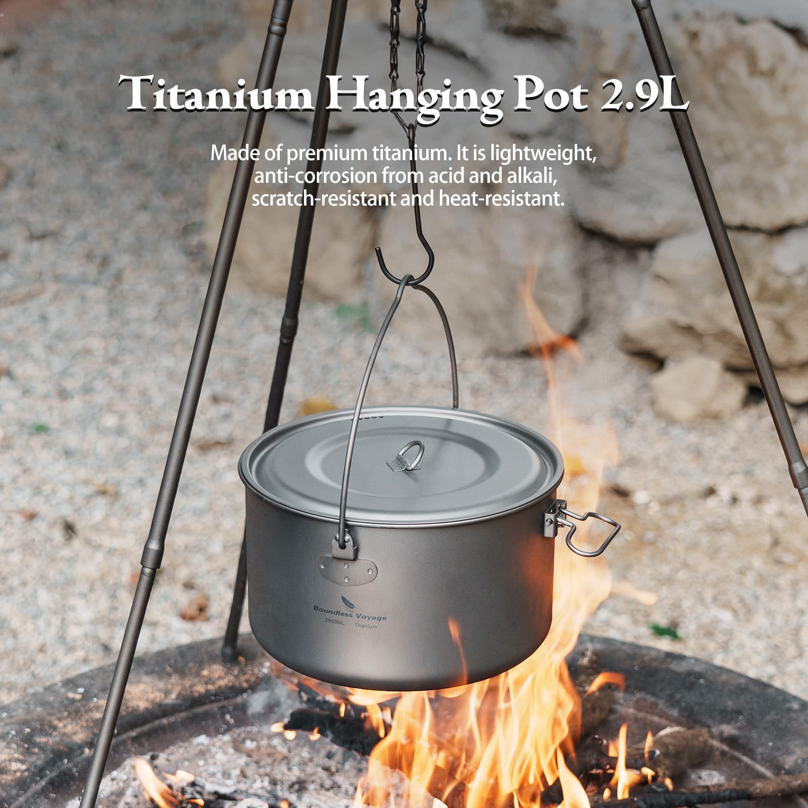 Boundless Voyage Titanium Hanging Pot for Outdoor Camping Backpacking Hiking Ultralight Portable Cooking Pot Camp Kitchen Cookware 1300ML/1950ML/2900ML (2900ml (98 fl oz))