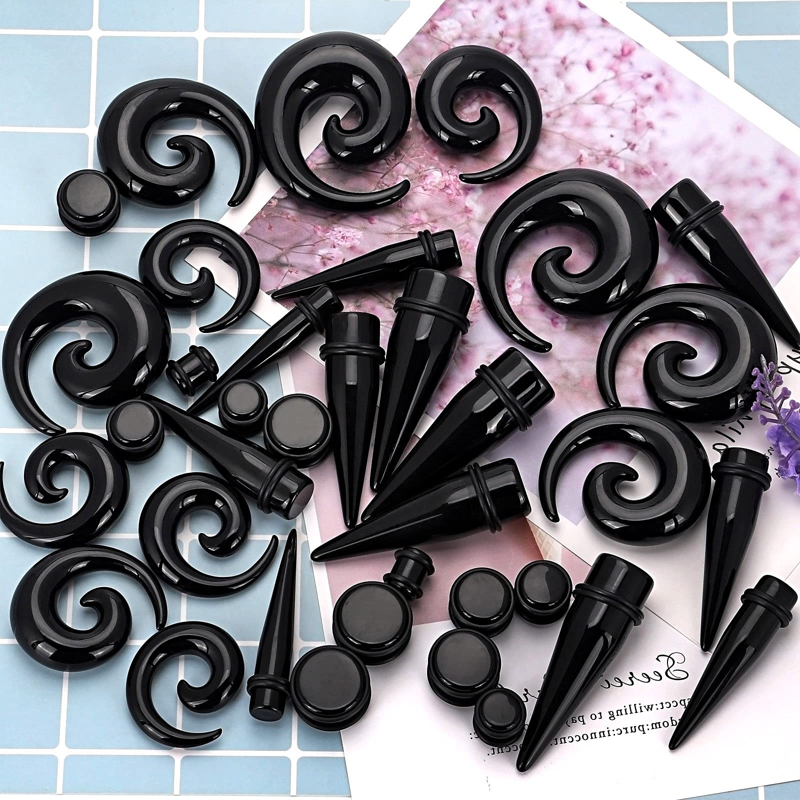 Qmcandy 36 Pieces Ear Stretching Kit 00G-20mm Big Gauge Taper Kit Large Acrylic Tunnel Plug Spiral Set, Black