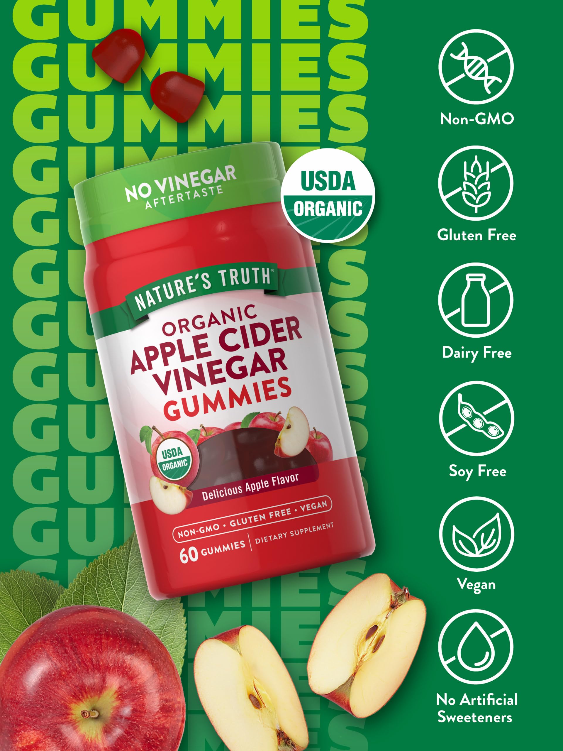 Nature's Truth Organic Apple Cider Vinegar Gummies | 60 Count | Vegan, Gluten Free & Non-GMO Supplement | USDA Organic | Apple Flavor