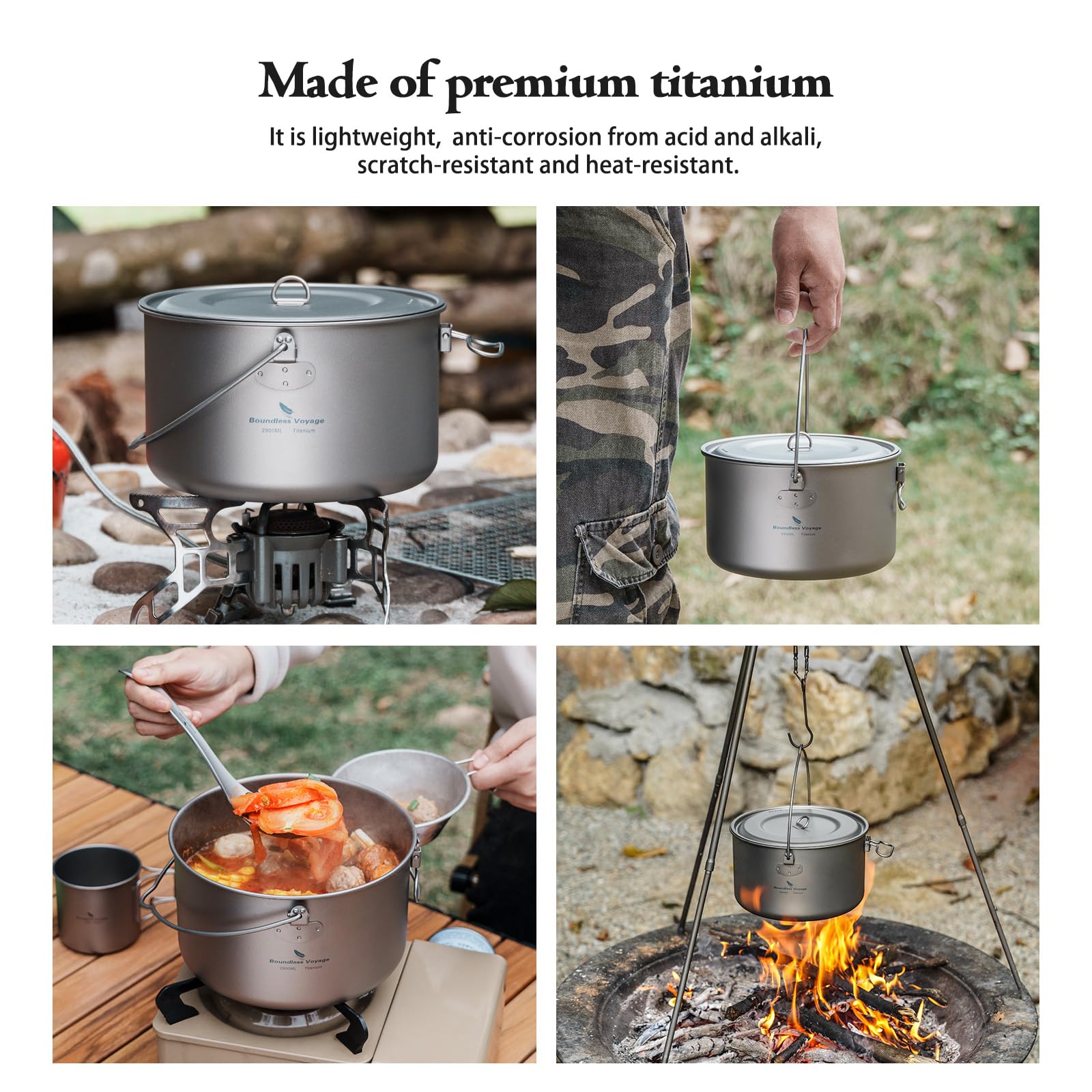 Boundless Voyage Titanium Hanging Pot for Outdoor Camping Backpacking Hiking Ultralight Portable Cooking Pot Camp Kitchen Cookware 1300ML/1950ML/2900ML (2900ml (98 fl oz))