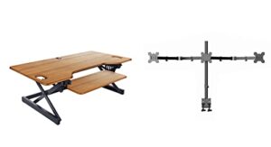 rocelco 46" large height adjustable standing desk converter with triple monitor mount bundle - sit stand up computer workstation riser - retractable keyboard tray - teak wood grain (r dadrt-46-dm3)