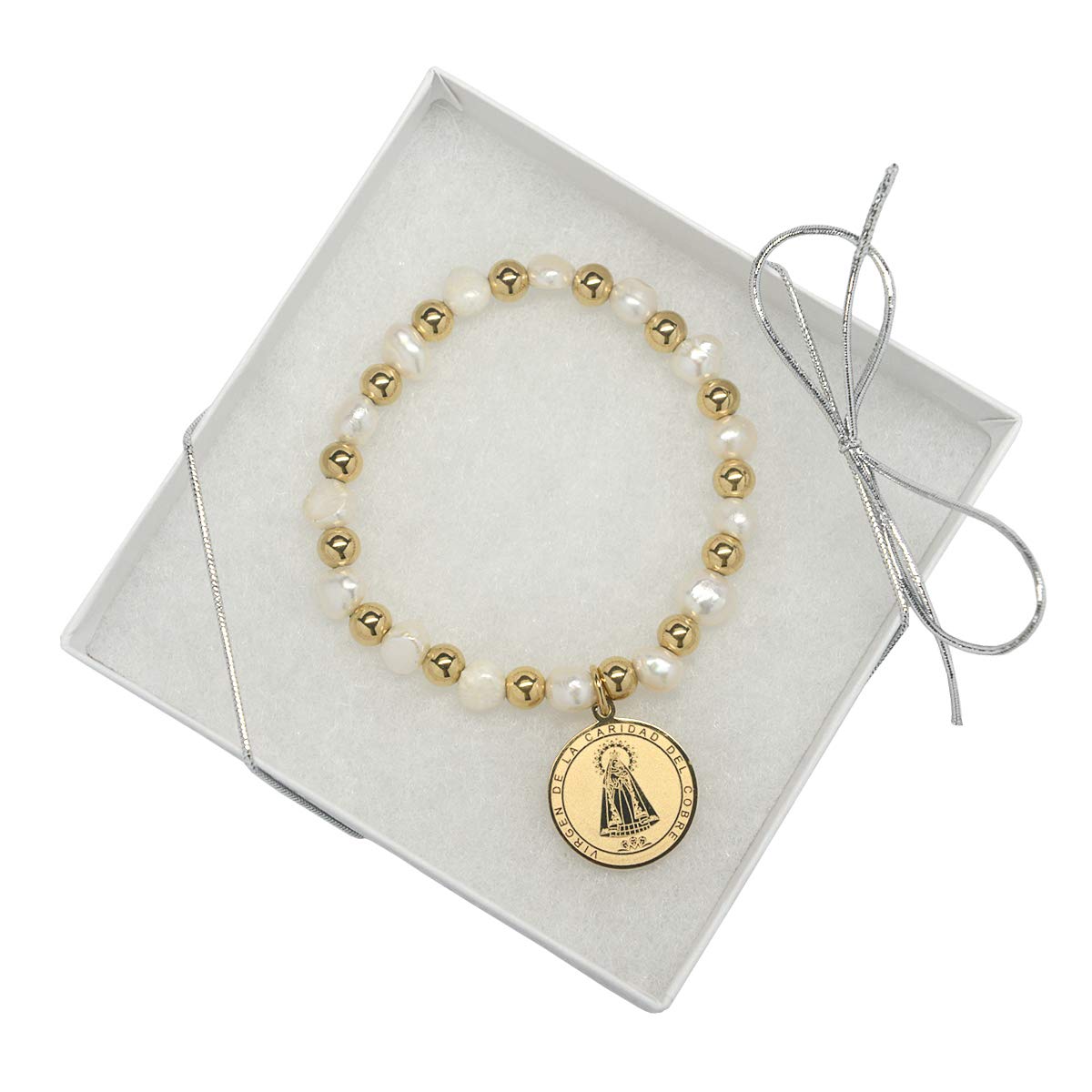 Virgen de la Caridad del Cobre Religious Catholic Bracelet with Stainless Steel Medal and Pearl Beads (SSBCOMPM-WG)