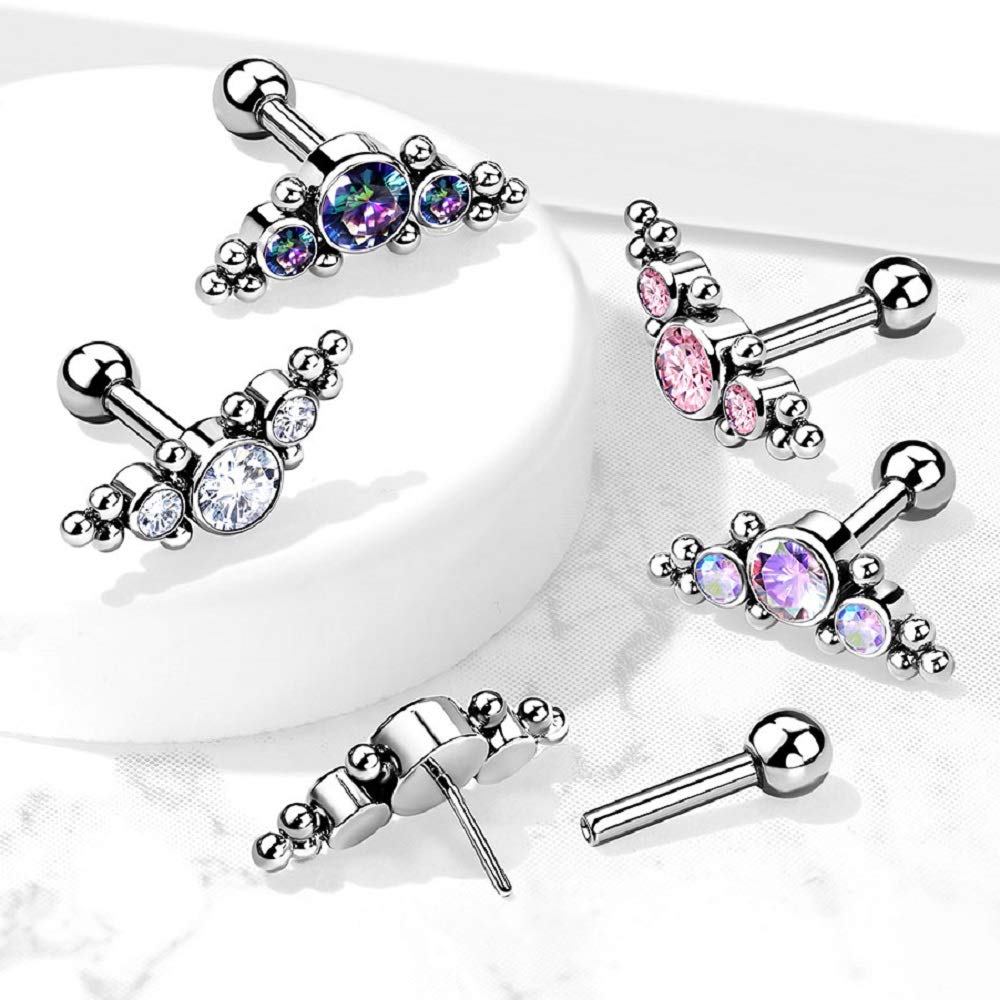 Pierced Owl 16GA G23 Implant Grade Titanium Threadless Push-in Triple CZ Crystal and Ball Clusters Cartilage Helix Ear Lobe Barbell Stud (Vitrail Medium)