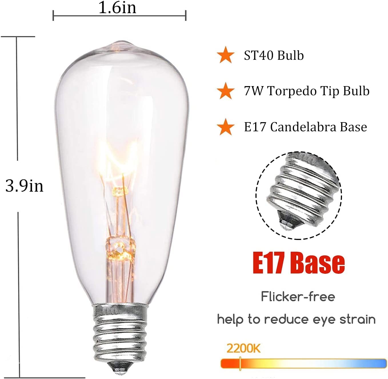 10 Pack Edison Light Bulbs, ST40 Clear Glass Light Bulb Replacement, 7W E17 Screw Base Light Bulbs for Outdoor String Lights Patio Backyard Decor, Warm White