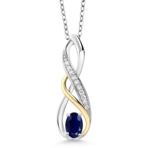 gem stone king 10k yellow gold and 925 sterling silver blue sapphire and white lab grown diamond pendant necklace for women (0.63 cttw, with 18 inch silver chain)