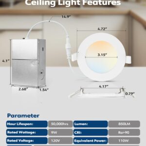 POWERASIA 12 Pack 4 Inch Ultra-Thin LED Recessed Ceiling Light with Junction Box, 5CCT Dimmable 2700K/3000K/4000K/5000K/6000K, 9W 850lm Can Killer Downlight-ETL and Energy Star Certified