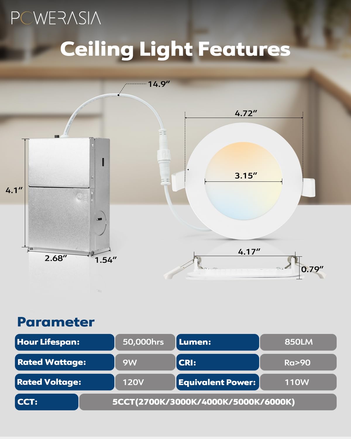 POWERASIA 12 Pack 4 Inch Ultra-Thin LED Recessed Ceiling Light with Junction Box, 5CCT Dimmable 2700K/3000K/4000K/5000K/6000K, 9W 850lm Can Killer Downlight-ETL and Energy Star Certified