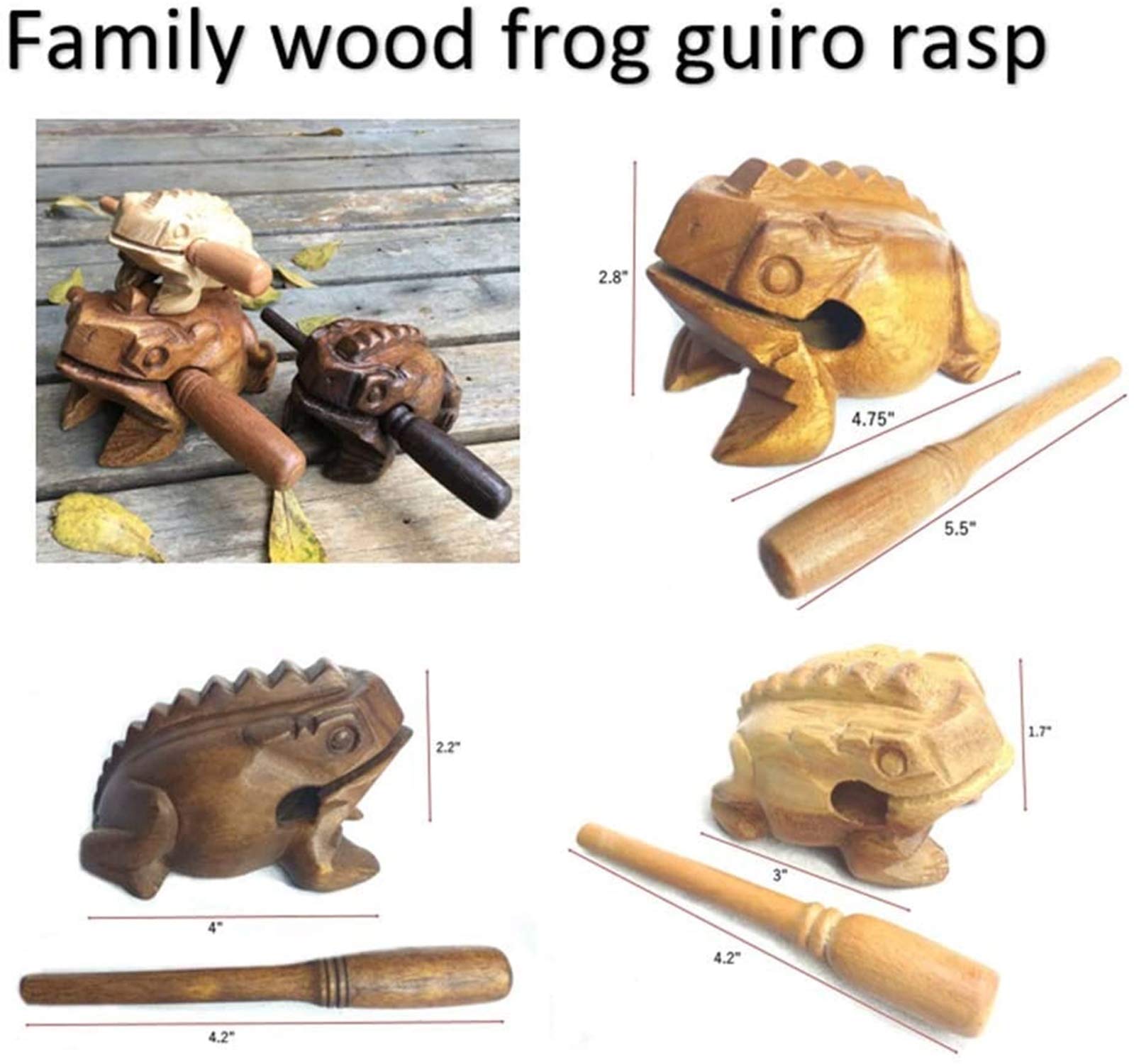 Cozinest Percussion Instruments Wooden Frog Medium Size 4.8 Inch, 4 Inch and 3 Inch Family Wood Frog Guiro Rasp Musical Instrument Tone Block Musical Instrument Home Office Decoration