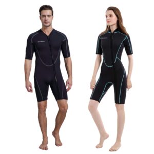 seaskin 2 pieces shorty wetsuit, 3mm mens medium size and womens small size diving suit front zip wetsuit for diving snorkeling surfing swimming