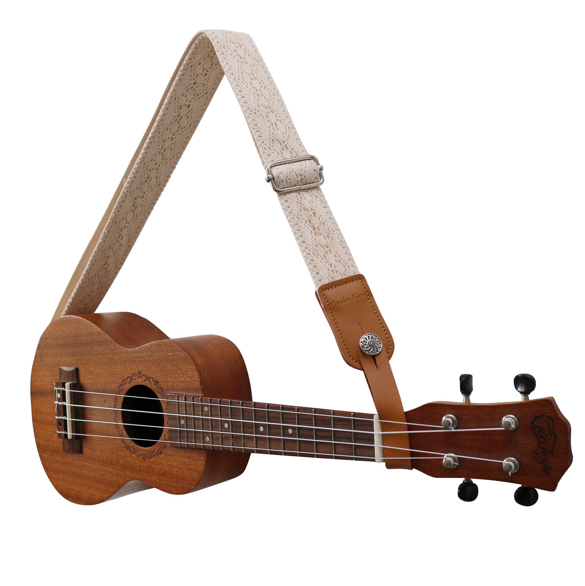 MUSIC FIRST Original Design Cream Graceful & Vintage Lace Soft Lace & Genuine Leather Ukulele Strap Ukulele Shoulder Strap With a Genuine Leather Strap Locker (Cream)