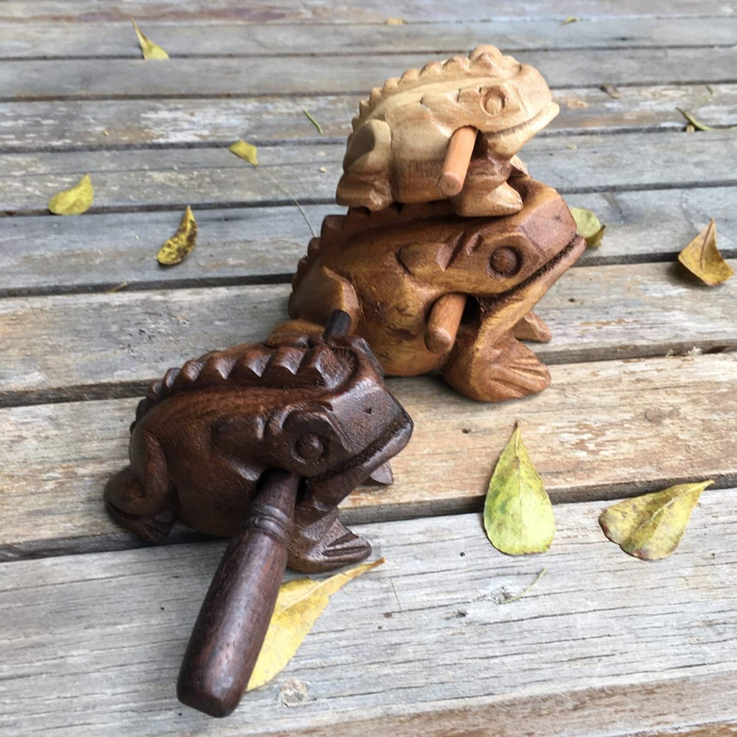 Cozinest Percussion Instruments Wooden Frog Medium Size 4.8 Inch, 4 Inch and 3 Inch Family Wood Frog Guiro Rasp Musical Instrument Tone Block Musical Instrument Home Office Decoration