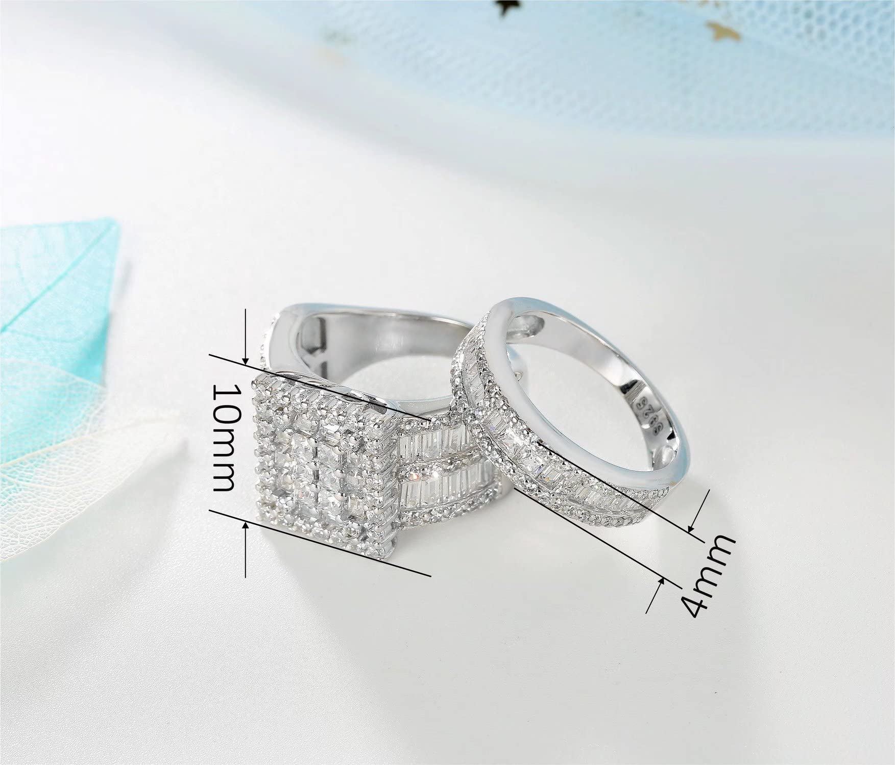 Square CZ Engagement Ring/Wedding Band Bridal Set for Women/Wide Baguette and Round Multi Cut Stones Statement 925s Ring Size 7