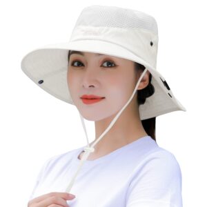 Mukeyo Womens Ponytail Sun Hat Summer Foldable Wide Brim Outdoor UV Protection Mesh Bucket Cap for Beach Fishing Hiking Gardening Beige