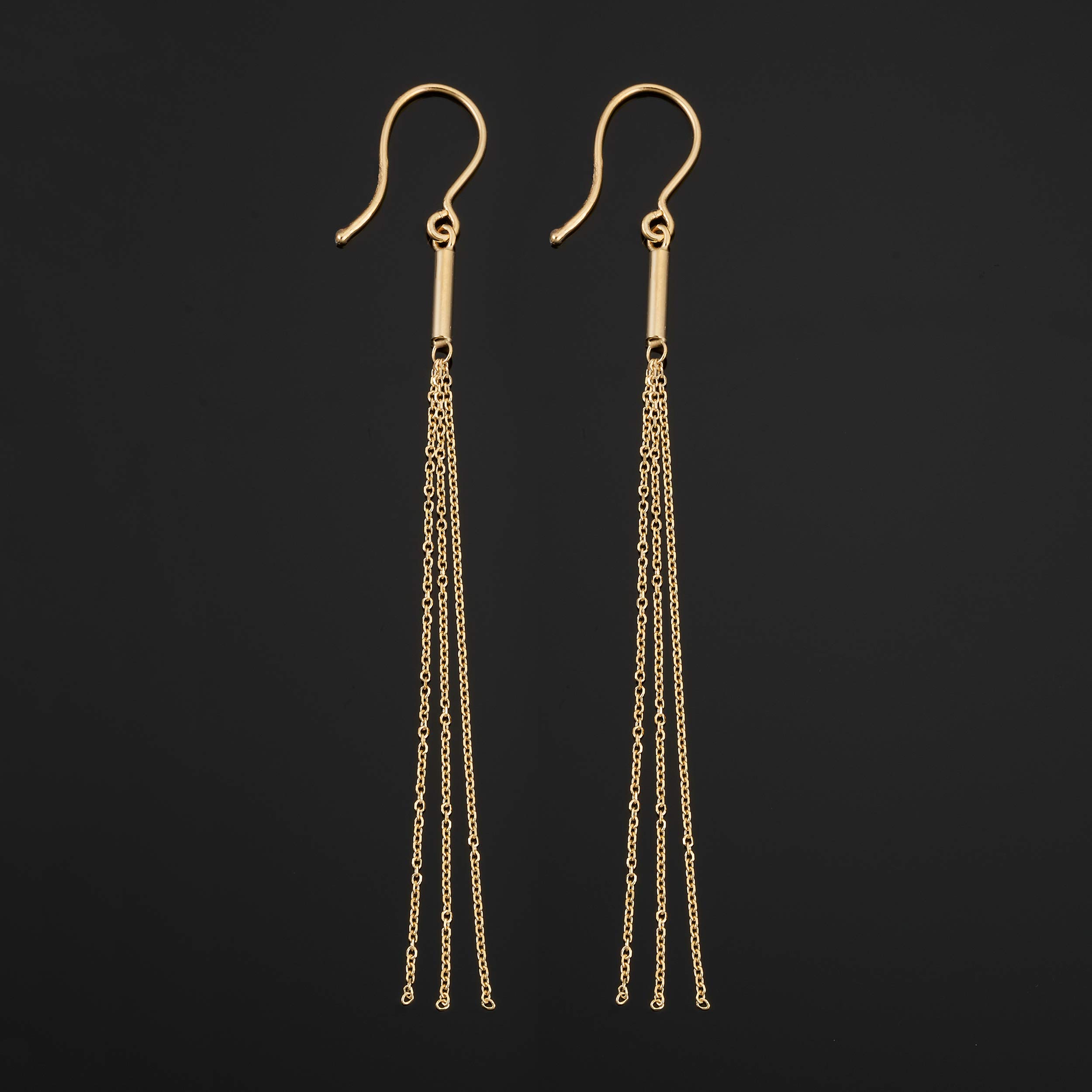 10k Yellow Gold Bar Tube Tassel Chain Dangle Hook Earrings (2.8 inches long)