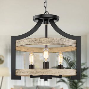 3-light rustic farmhouse pendant hanging light adjustable height max 68in, convertible vintage semi flush mount ceiling light fixture black metal chandelier white birch wood finish kitchen dining room