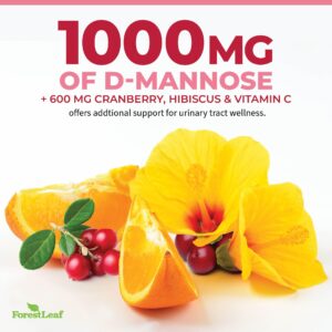 ForestLeaf D Mannose 1000mg Capsules - D-Mannose with Cranberry, Hibiscus & Vit C, Urinary Tract Health for Women and Men, Organic DMannose Pills for UTI, Urinary Health & Bladder Support 120 Capsules